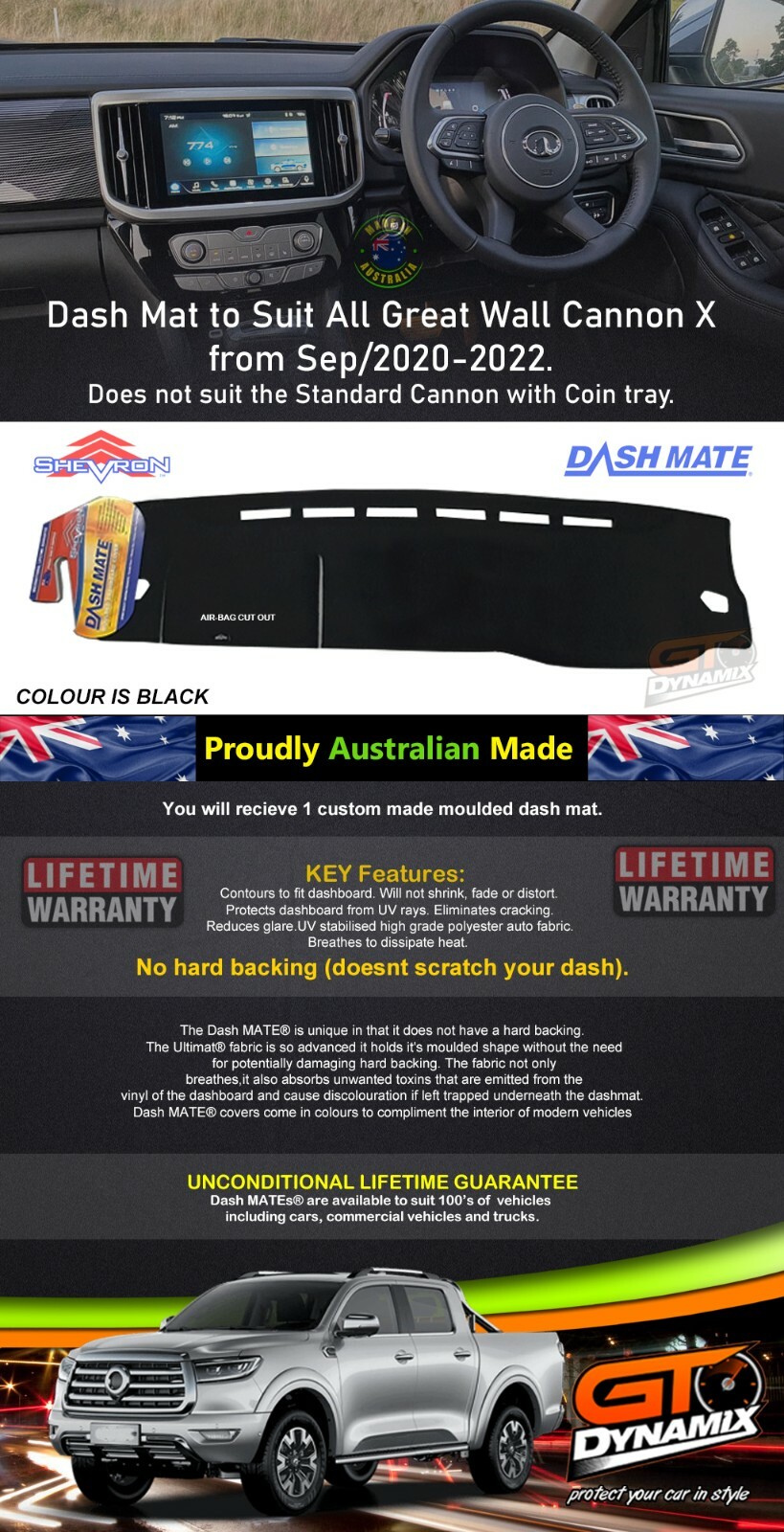 BLACK Dash Mat for GWM CANNON X 4x4 Dual Cab UTE NPW Great Wall DM1614 ...