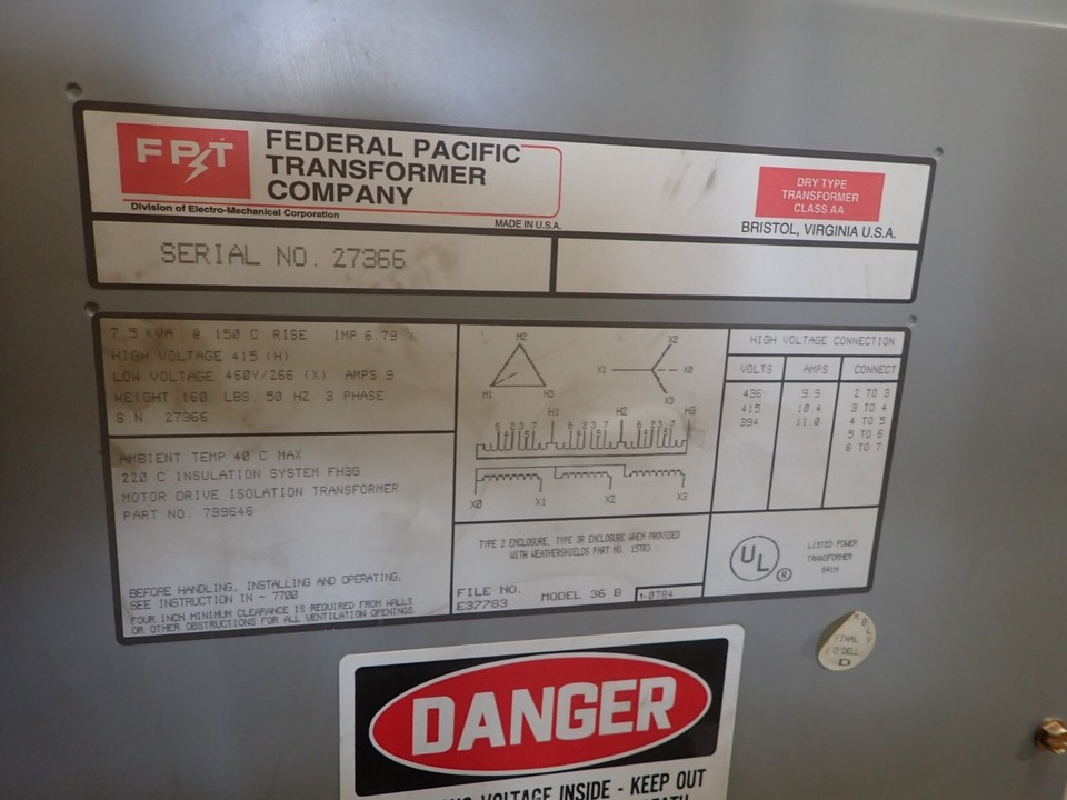NEW FPE 799646 3 Phase 7.5 KVA Transformer 415 - 460y/266 volt 10 amp ...