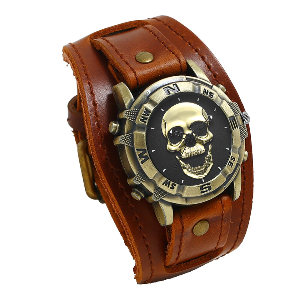 Men's Biker Halloween Skull Decor Wide Wrist Watch Casual Geniune ...