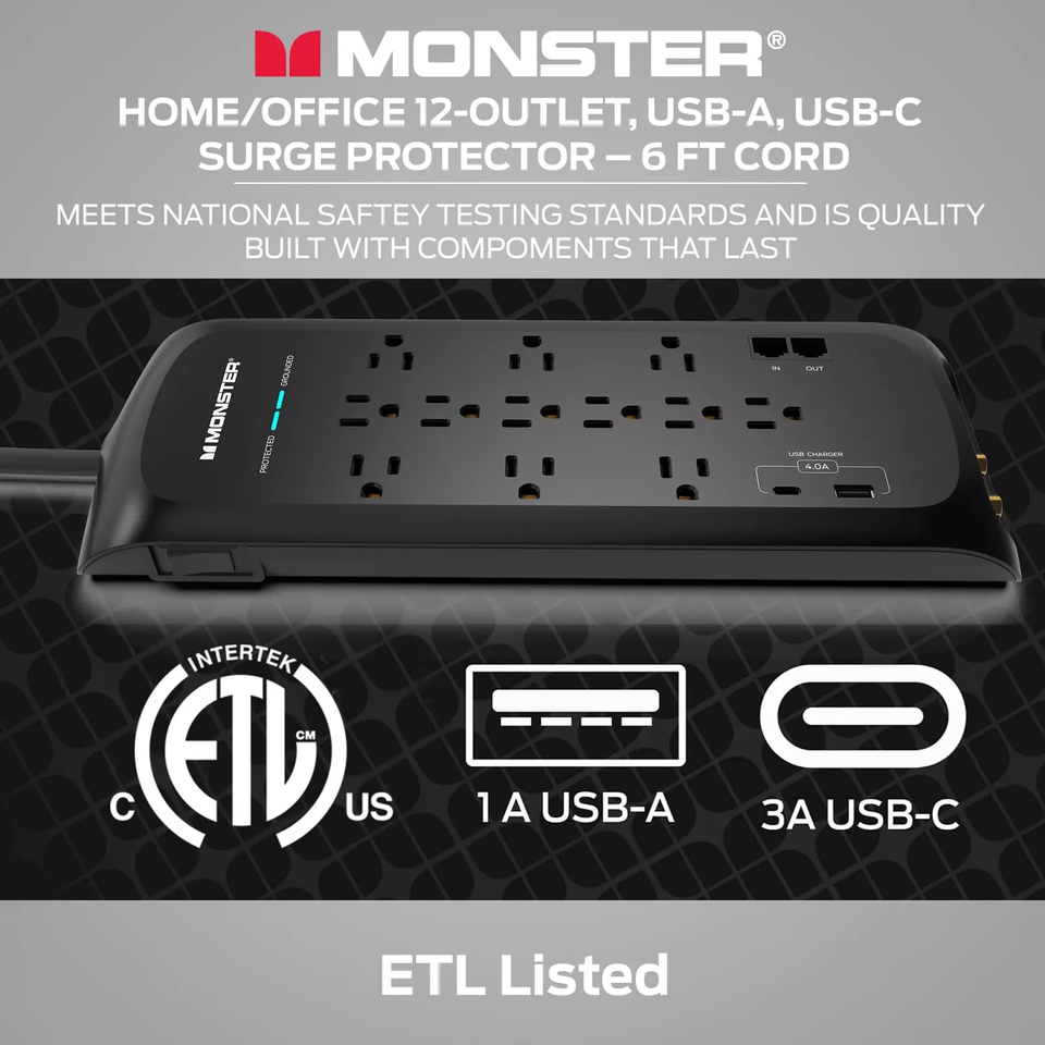 Monster Black Heavy Duty Surge Protector Power Strip 6 ft Cord with 12 ...