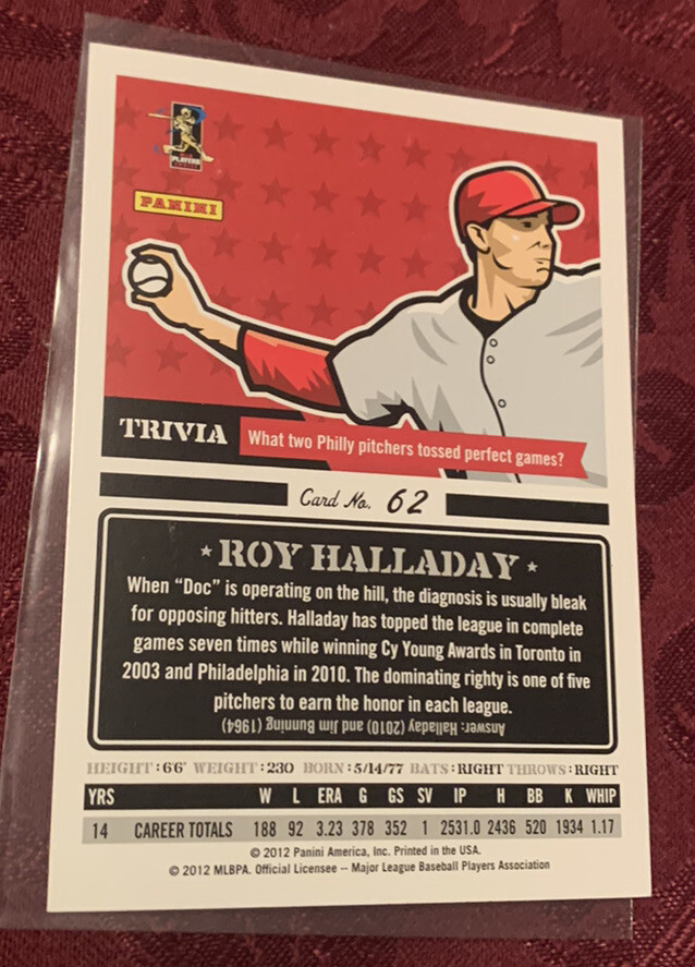 Roy Halladay 2012 Panini Triple Play Card #62, Philadelphia Phillies ...