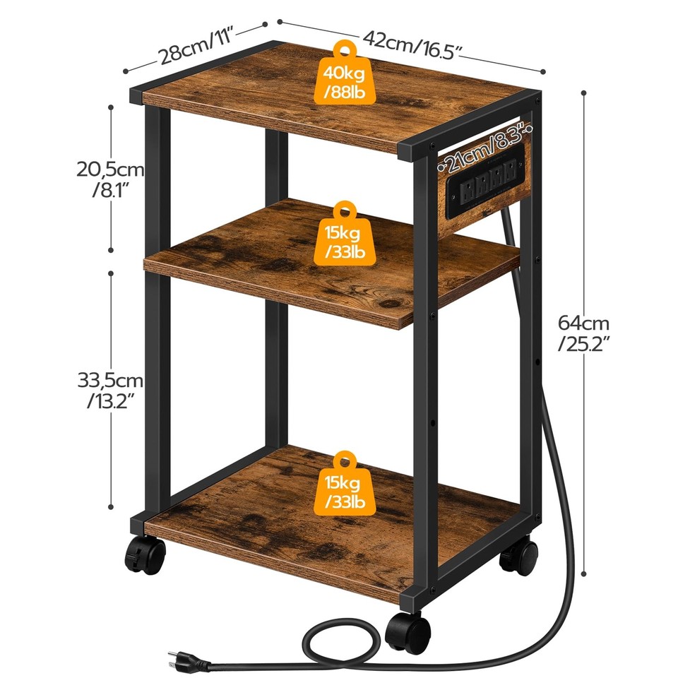 3-Tier Rolling Printer Stand with Charging Station, Adjustable Shelf ...