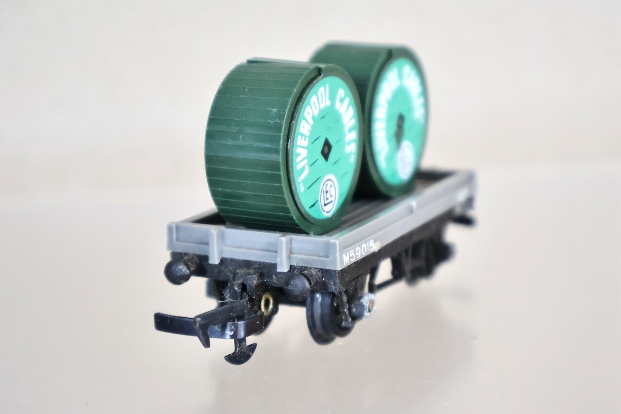 TRIANG R69 R18 BR FLAT WAGON M59105 with LIVERPOOL CABLE DRUM LOAD 1957 ...