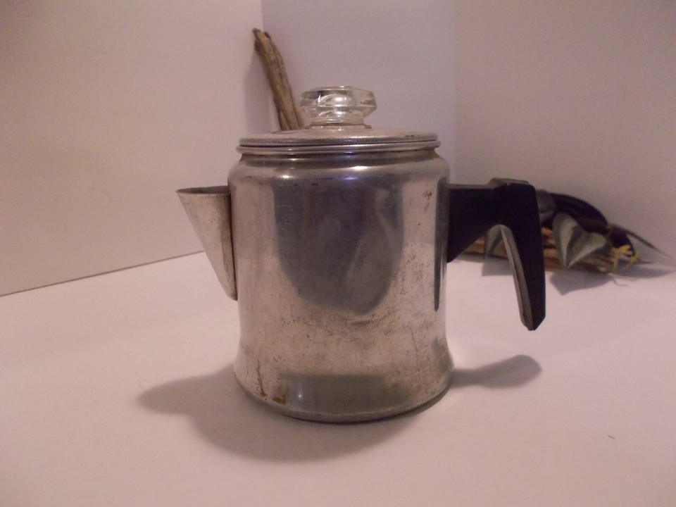 Vintage Aluminum 2 Cup Camping Rustic Coffee Pot w Handle Glass Top Lid ...
