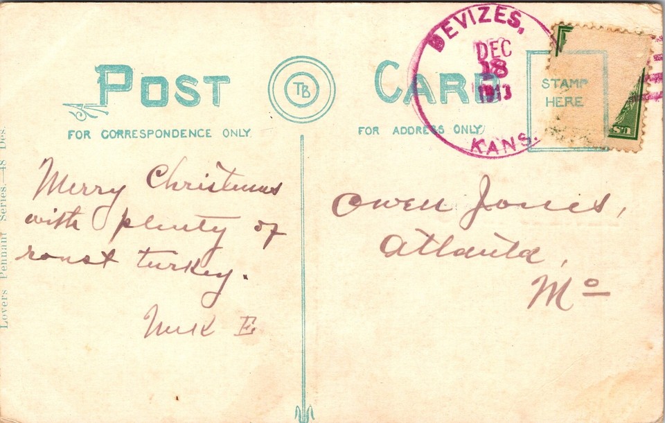 Advertising Postcard Pennant Flag Man and Woman Lovers Devizes, Kansas ...