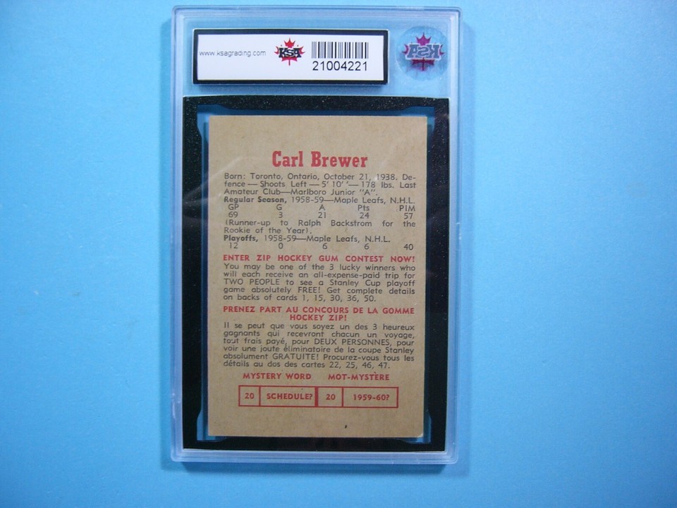 1959/60 PARKHURST NHL HOCKEY CARD #3 CARL BREWER ROOKIE RC KSA 5 EX ...