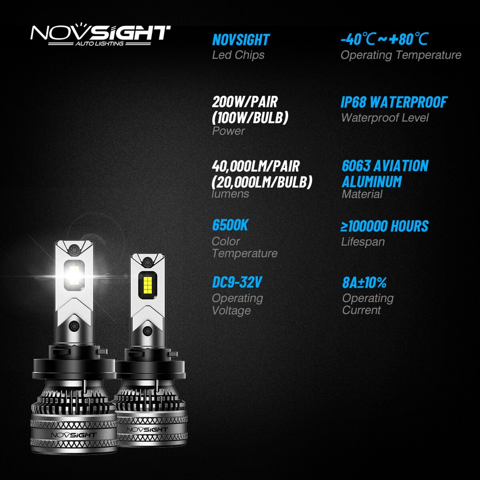 NOVSIGHT Pair H11 LED Headlight Bulbs High Low Beam 6500K 40000LM 200W ...