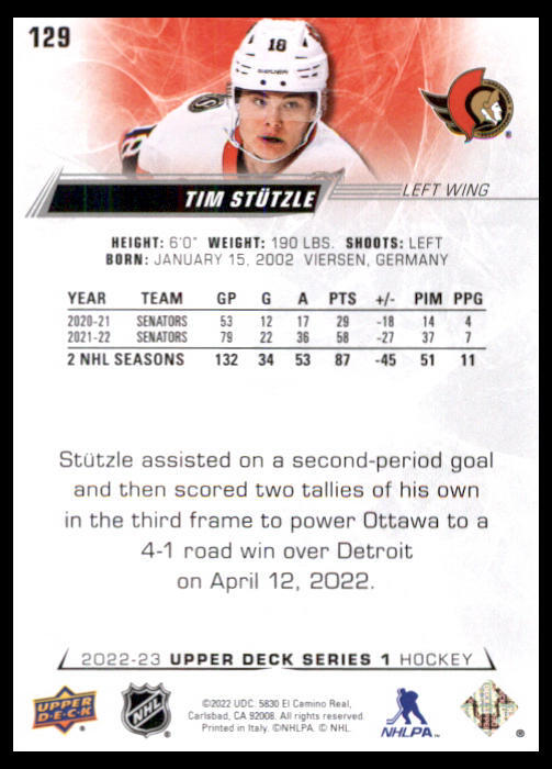 2022 Upper Deck #129 Tim Stutzle Ottawa Senators Hockey Card | eBay