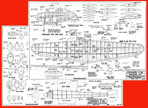 Model Airplane Plans (RC): Lockheed P-38 Fun Scale 56" for .15 Engines ...