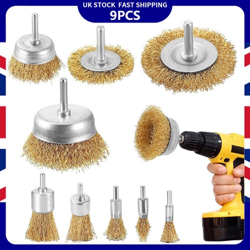 9Pcs Wire Brush Drill Attachment Bit Kit Brass Coated Metal Sanding ...