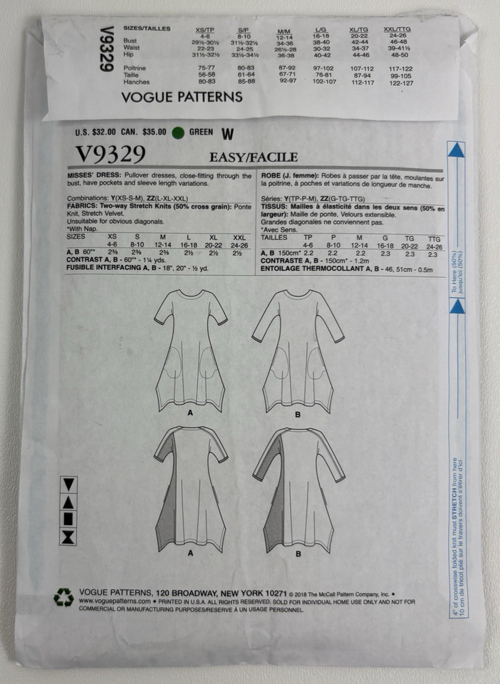 Vogue 9329 Marcy Tilton Dresses w/Pockets Sz XS S M / 4-14 Sew Pattern ...