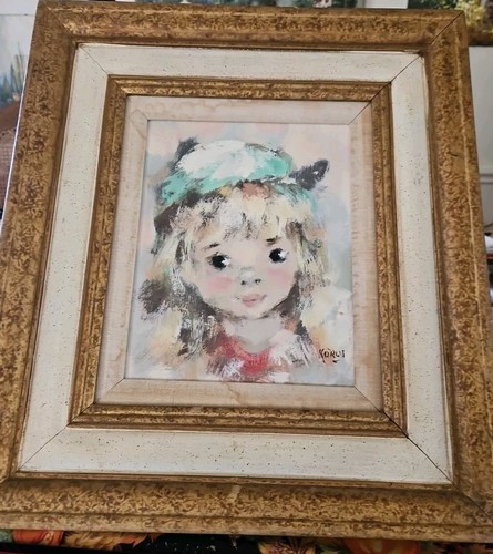 A Koros Dutch Artist 1960s Big Eye Girl In Green Hat Oil On Canvas ...