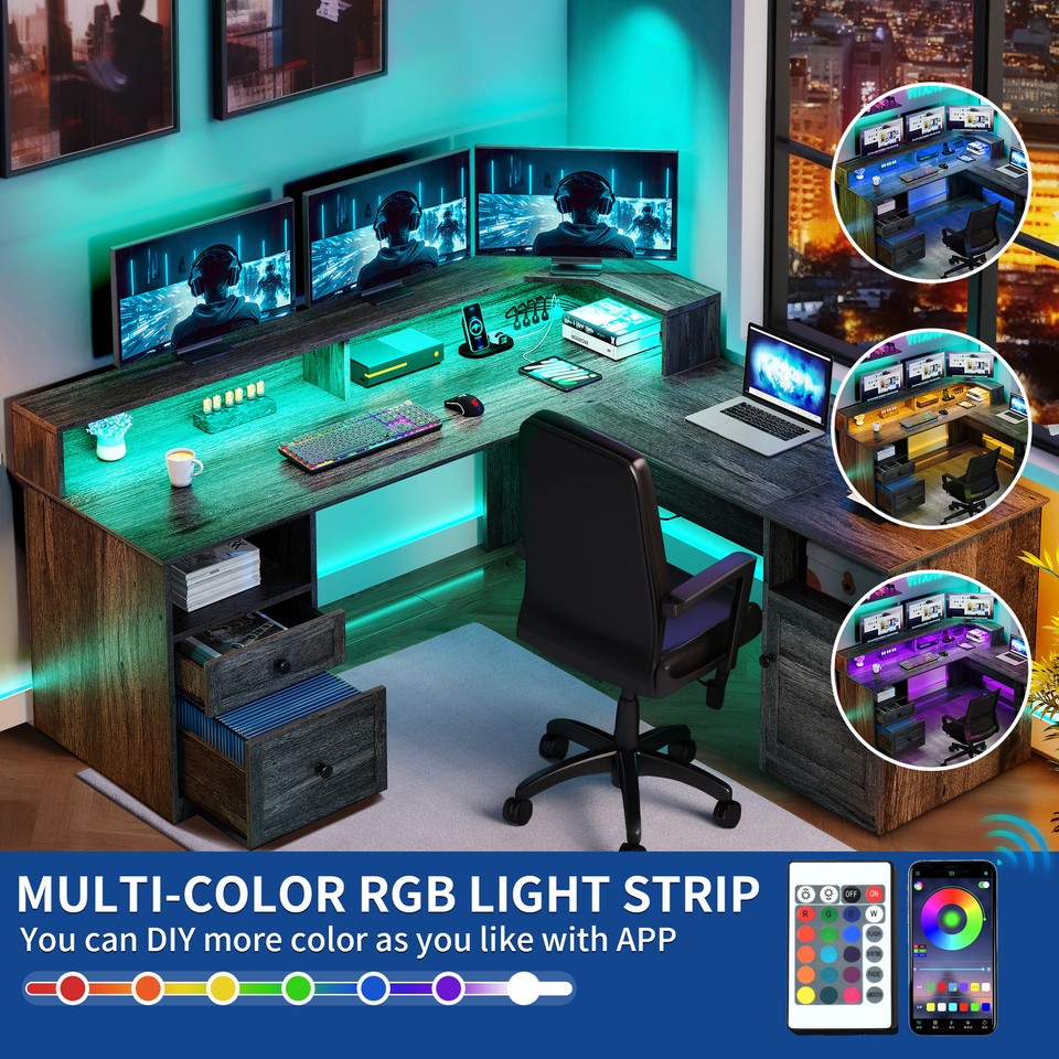 60" Lift Top L Shaped Desk with Power Outlets & LED Lights Corner ...