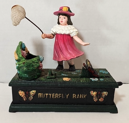 Vintage Cast Iron Butterfly Bank Floral Garden Mechanical Metal Coin ...