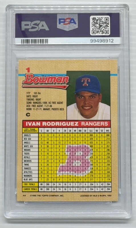 1992 Bowman Ivan Rodriguez Rookie Card RC #1 PSA 9 Texas Rangers MINT ...