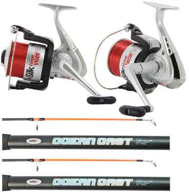 2 x 14FT Beachcaster Sea Fishing Rod + Reel Set Ocean Cast Rods + Silk ...
