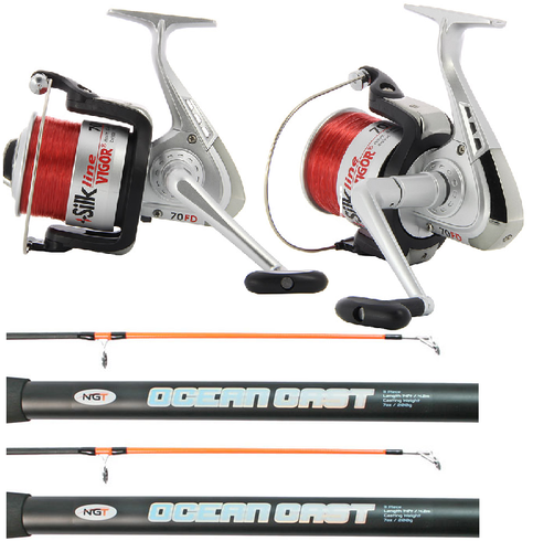 2 x 14FT Beachcaster Sea Fishing Rod + Reel Set Ocean Cast Rods + Silk ...