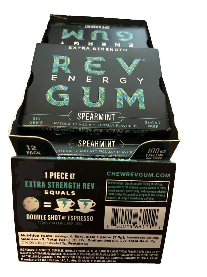 Rev Energy Gum Extra Strength Spearmint 12 Packs No Sugar 100mg ...
