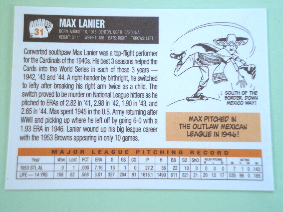 Max Lanier - 50th Anniversary Autographed Baseball card #31 - St. Louis ...