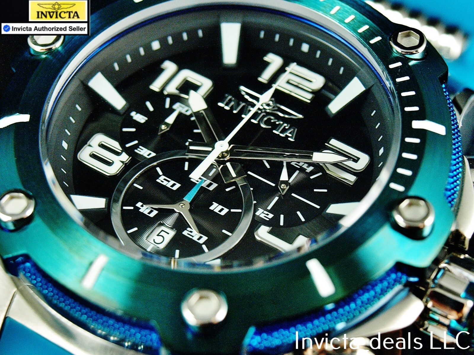 Invicta Men's 52mm SPEEDWAY VIPER Chronograph BLACK DIAL Green Tone SS ...