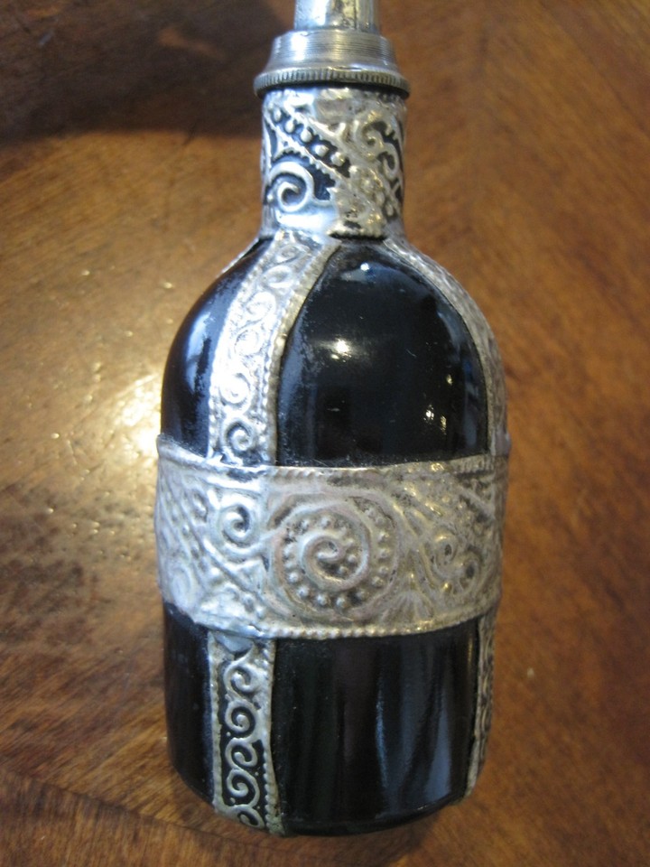 Vintage Antique Glass Ink Perfume Rose Water Bottle Sprinkler w/ Silver ...