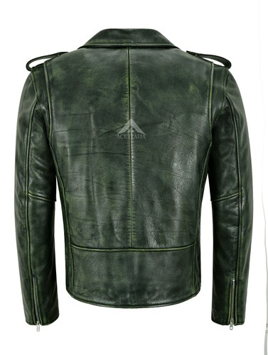 Men's Biker Jacket Green Vintage Brando Style Thick Cowhide Riding ...