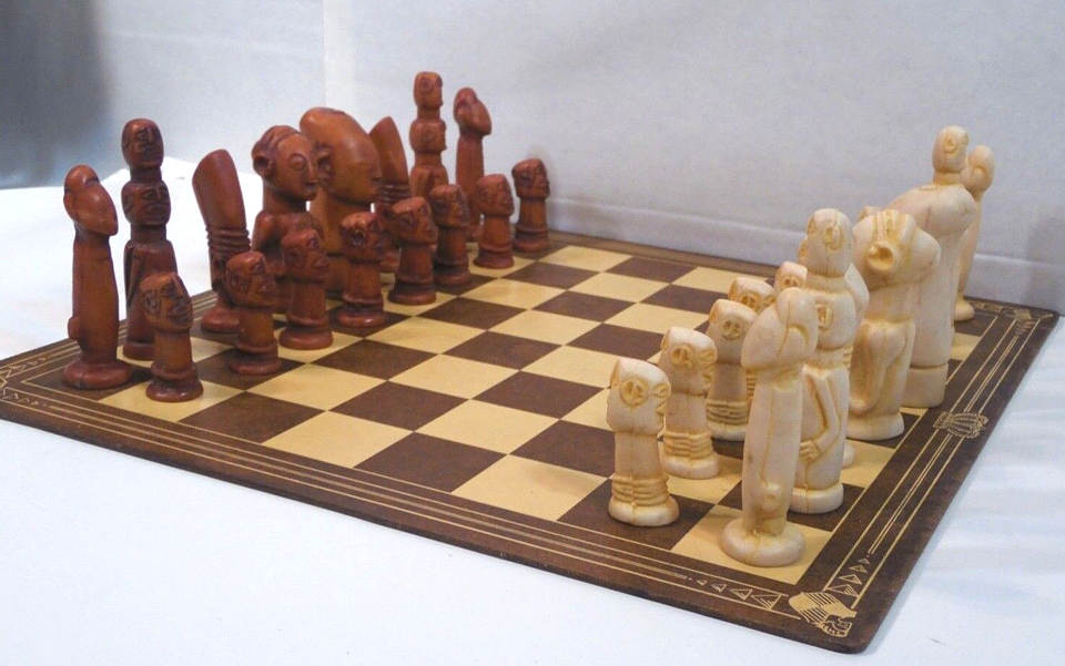 VTG "Chess Set" Brown & Cream Color Fantastic Tribal/Alien Chess Pieces ...