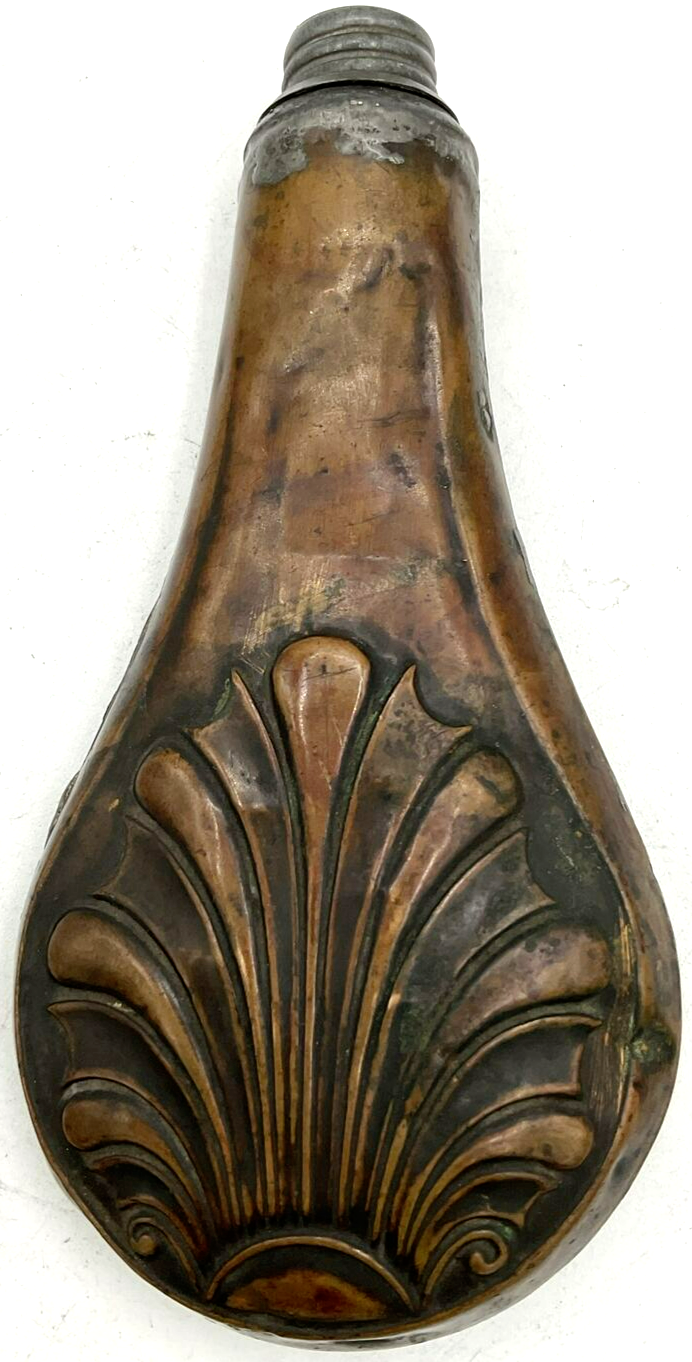 REPAIRED Antique Embossed Gun Powder Flask Tin Copper Color Screw Top ...