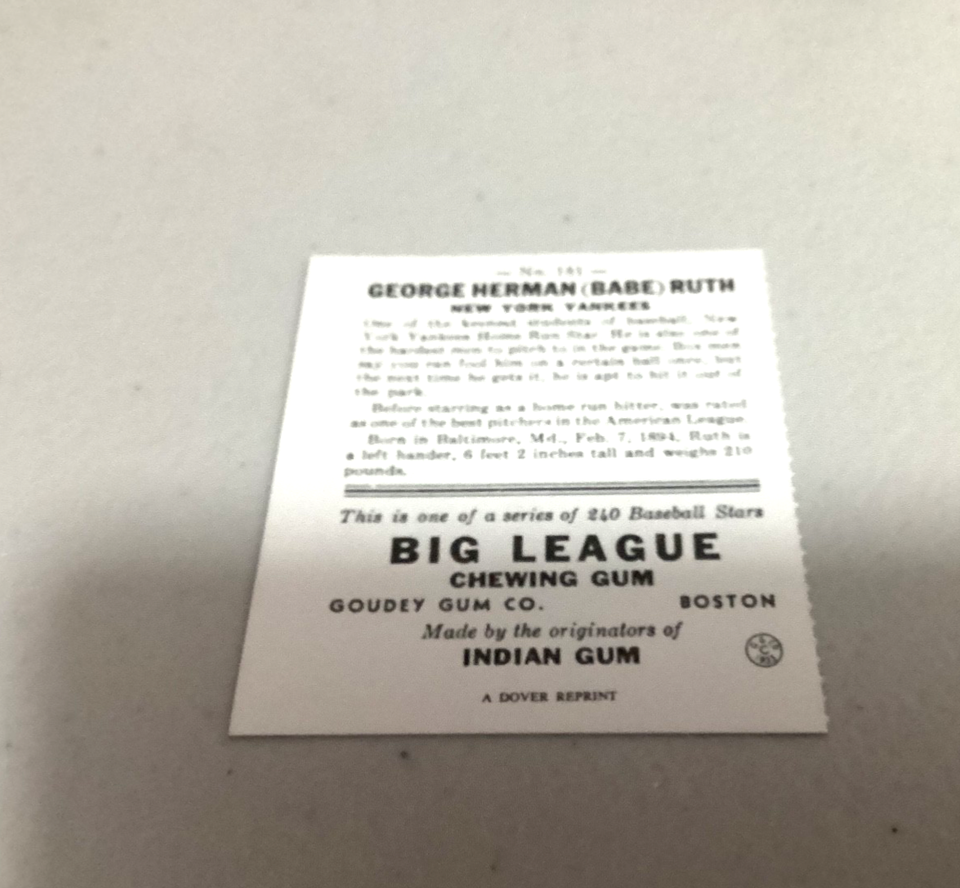 1977 Dover Classic Baseball Cards Reprints - Babe Ruth 1933 Goudey #181 ...