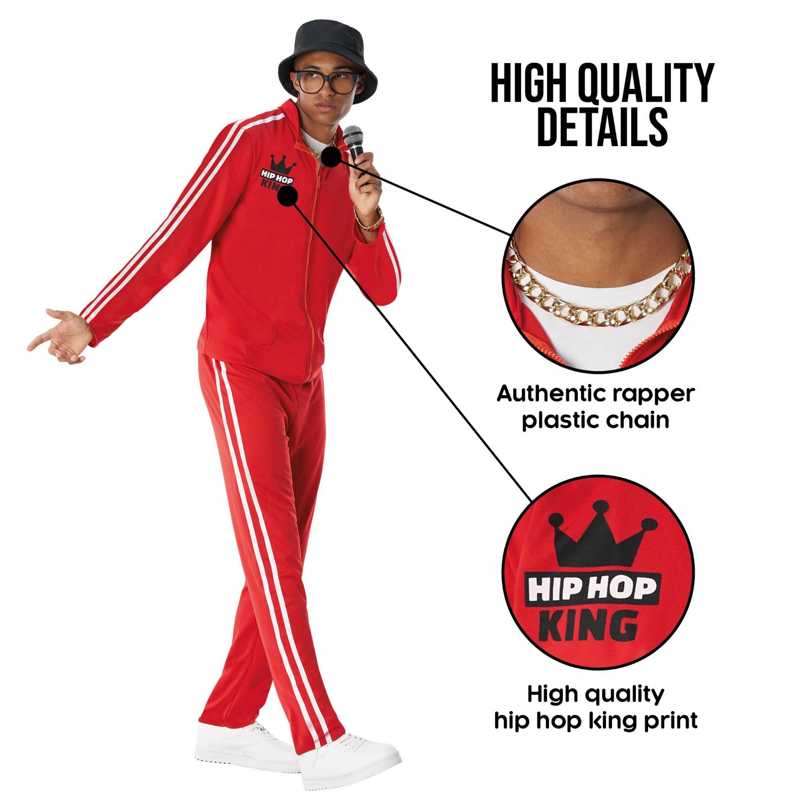 Men`s 1980s Red Rapper Costume + Boombox Adult 90s Hip Hop Tracksuit ...