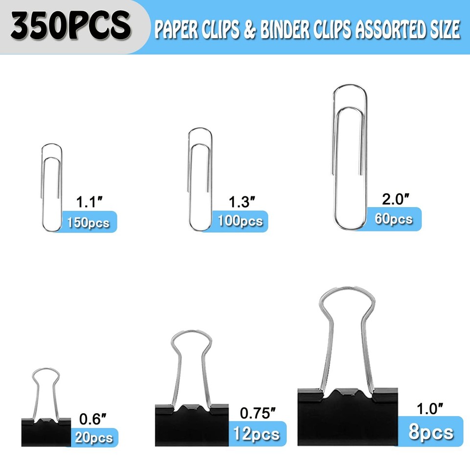 Paper Clips Binder Clips, 350pcs Paper Clips Binder Clips Assorted ...