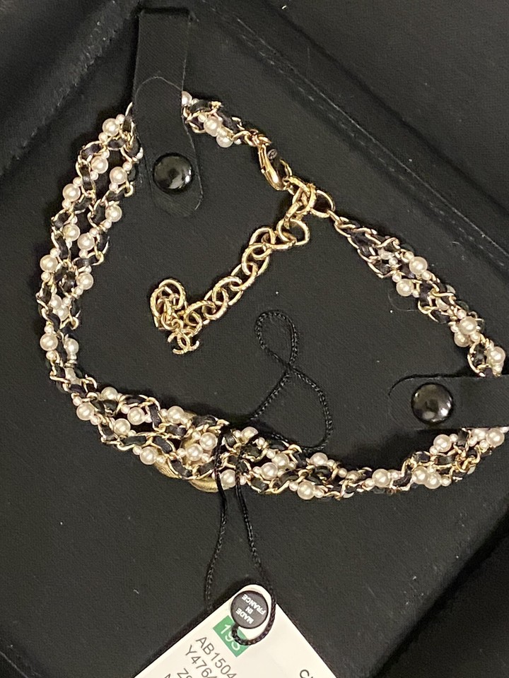Chanel 19s choker black leather pearl chain preowned | eBay