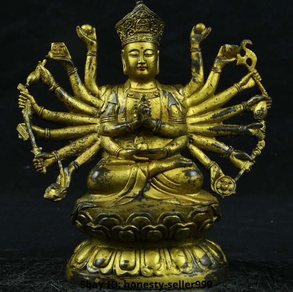 7.1" Old Tibet Bronze Gilt Buddhism 18 Hands Maha Cundi Mother Buddha ...