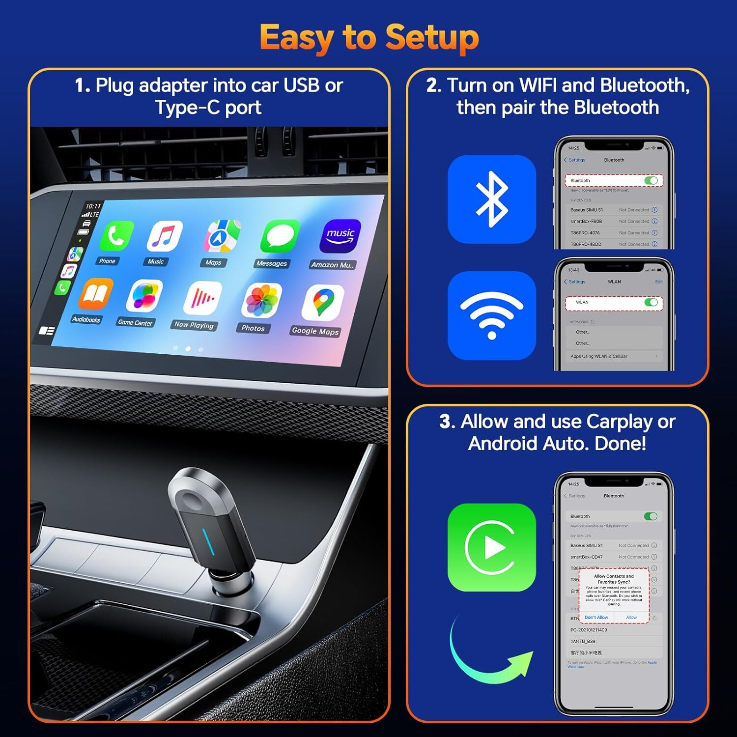 2 in 1 5Ghz WiFi USB Type-C Wireless Android Auto Adapter Apple CarPlay ...
