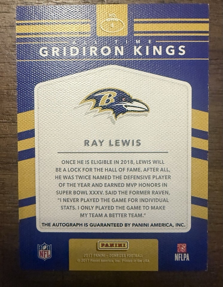 2017 Panini Gridiron Kings RAY LEWIS Auto Autograph Baltimore Ravens 3/ ...