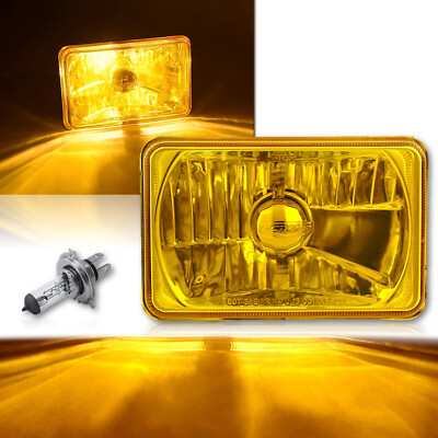 SINGLE 4X6" Crystal Yellow Glass/Metal Headlight H4 Halogen Light Bulb ...