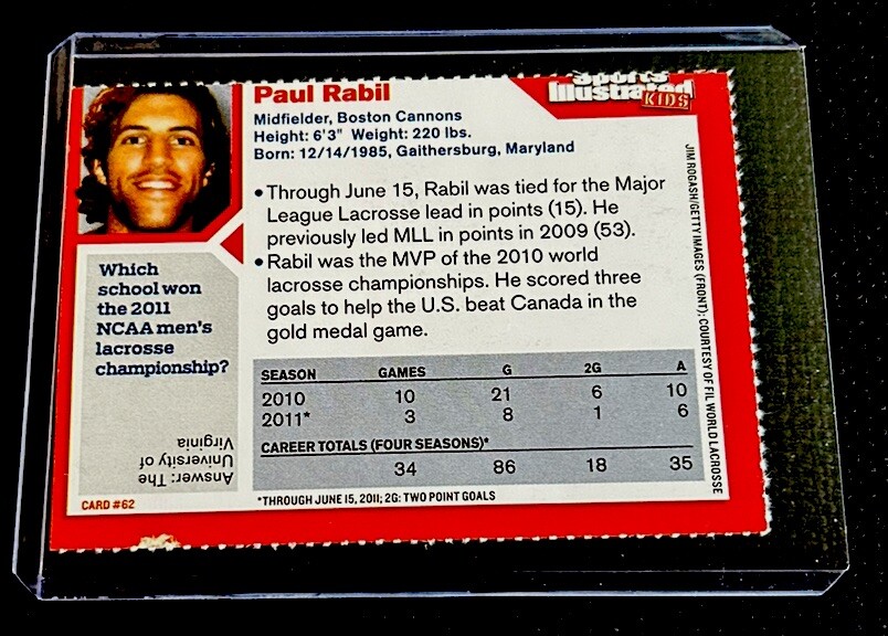 PAUL RABIL RARE 2011 Sports Illustrated for Kids SI LACROSSE GOAT NM+ ...