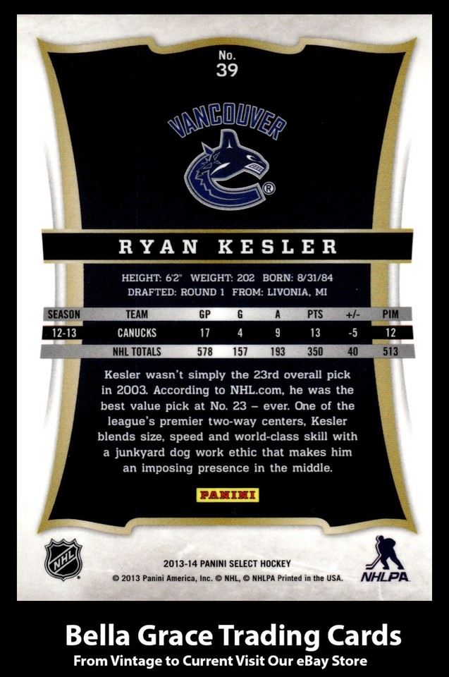 2013-14 Panini Select Ryan Kesler #39 Vancouver Canucks NHL Hockey | eBay