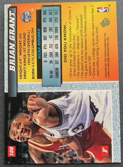 1994-95 TOPPS EMBOSSED BRIAN GRANT KINGS #108 SILVER FOIL 1994 DRAFT ...