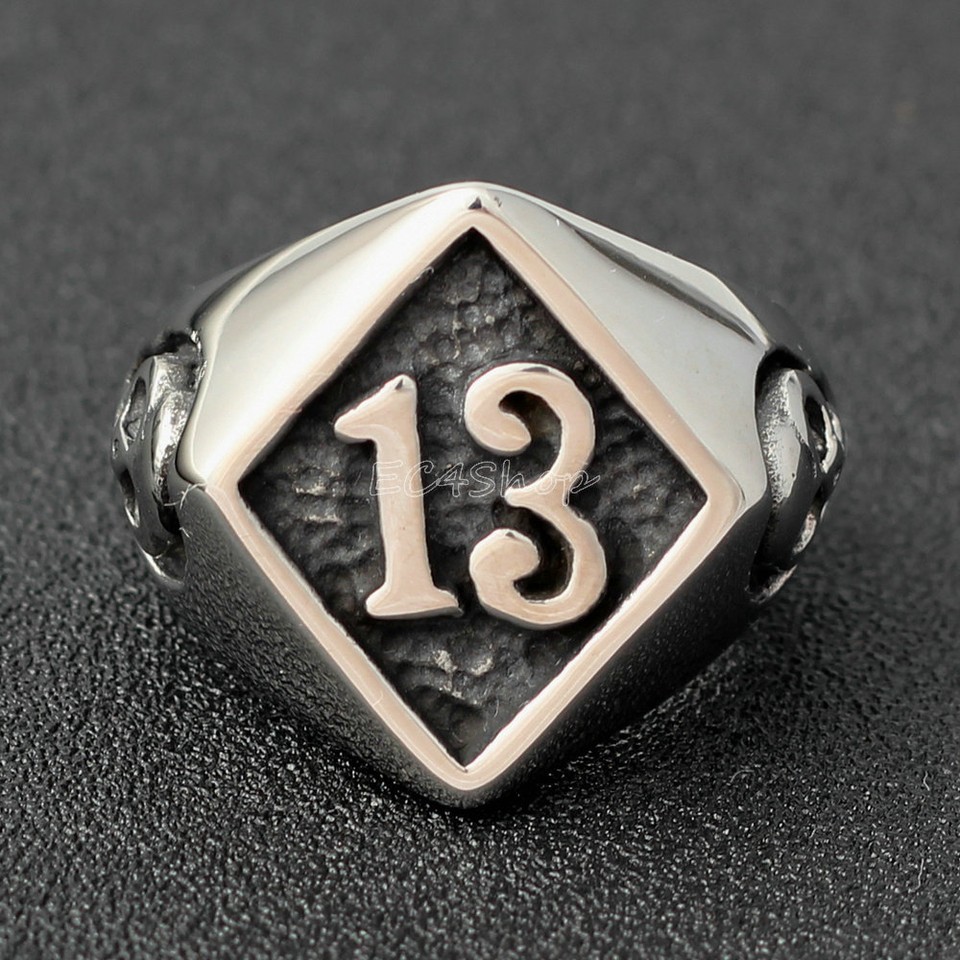 Men's Lucky Angel Number Numeral 13 Stainless Steel Skull Biker Ring ...