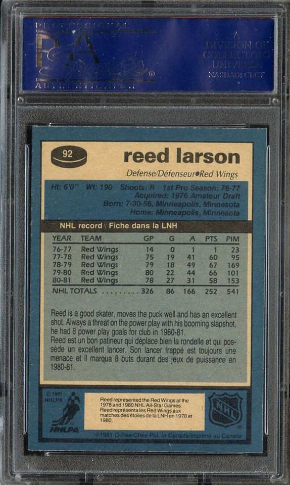 1981-82 O-PEE-CHEE #92 REED LARSON PSA 9 RED WINGS *DS14905 | eBay