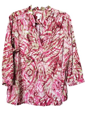 Chico's Leaf Print Split Neck Popover Blouse Size 3 (XL) | eBay