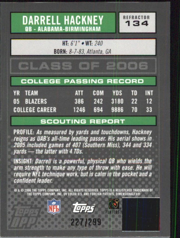 2006 Topps Draft Chrome Bronze Refr Football Card #134 Darrell Hackney ...