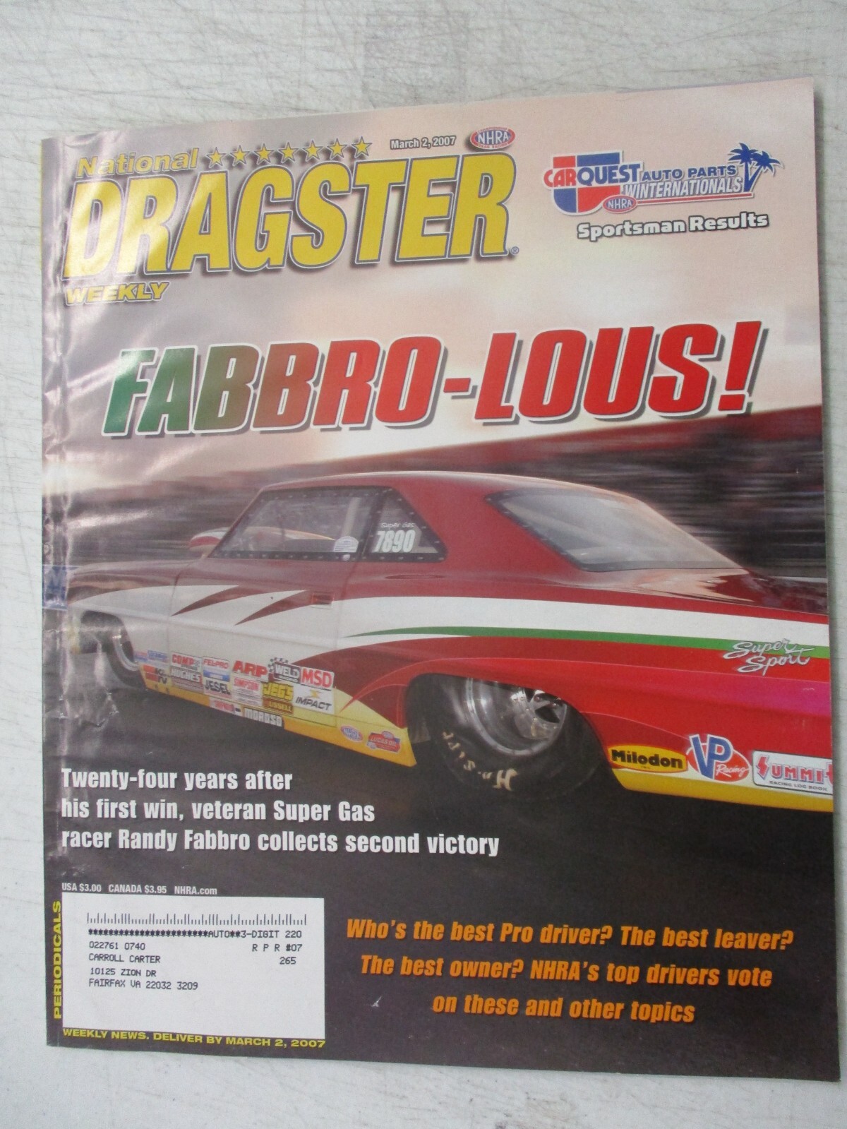 NATIONAL DRAGSTER MAGAZINE MARCH 2, 2007 RANDY FABBRO WALLY PARKS JOHN ...