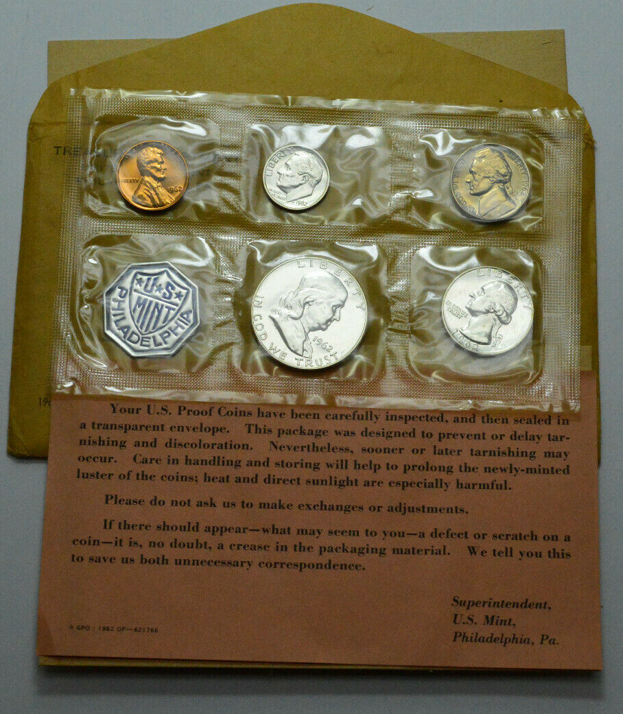 1962-P US Mint 5 Coin Silver Proof Set in Original Yellow Envelope ...