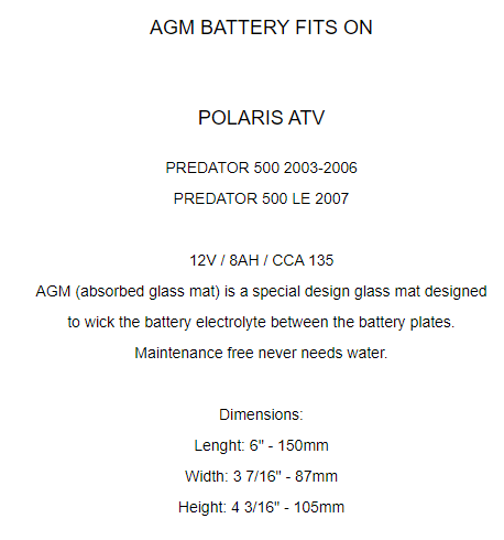 AGM Battery for Polaris Predator 500 2003 2004 2005 2006 2007 | eBay