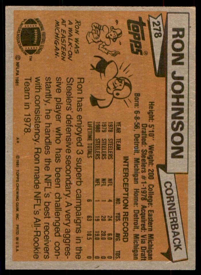 1981 Topps_ Ron Johnson Pittsburgh Steelers #278 | eBay
