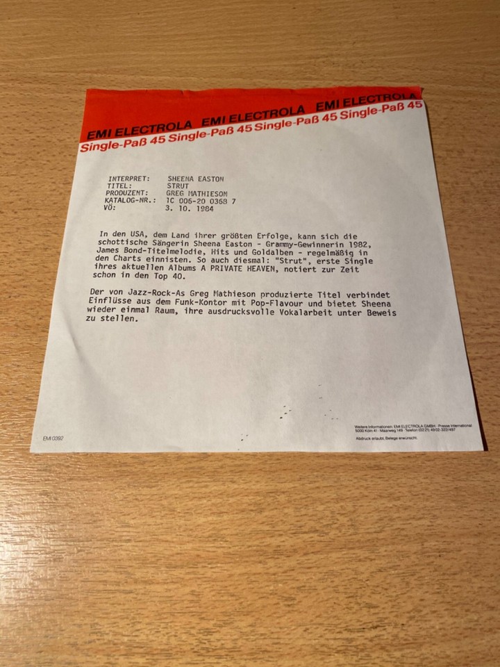 7" SHEENA EASTON * Strut / Hungry Eyes (MINT-) PROMO mit SINGLE-PASS | eBay