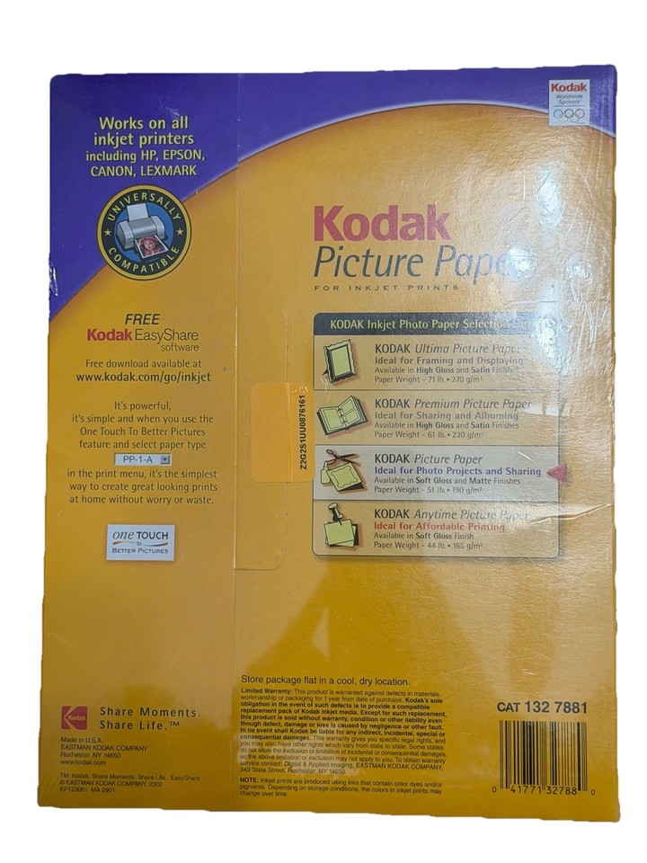 Kodak Picture Paper For Inkjet Prints 50 Sheets Soft Gloss 8 1/2 x 11 ...