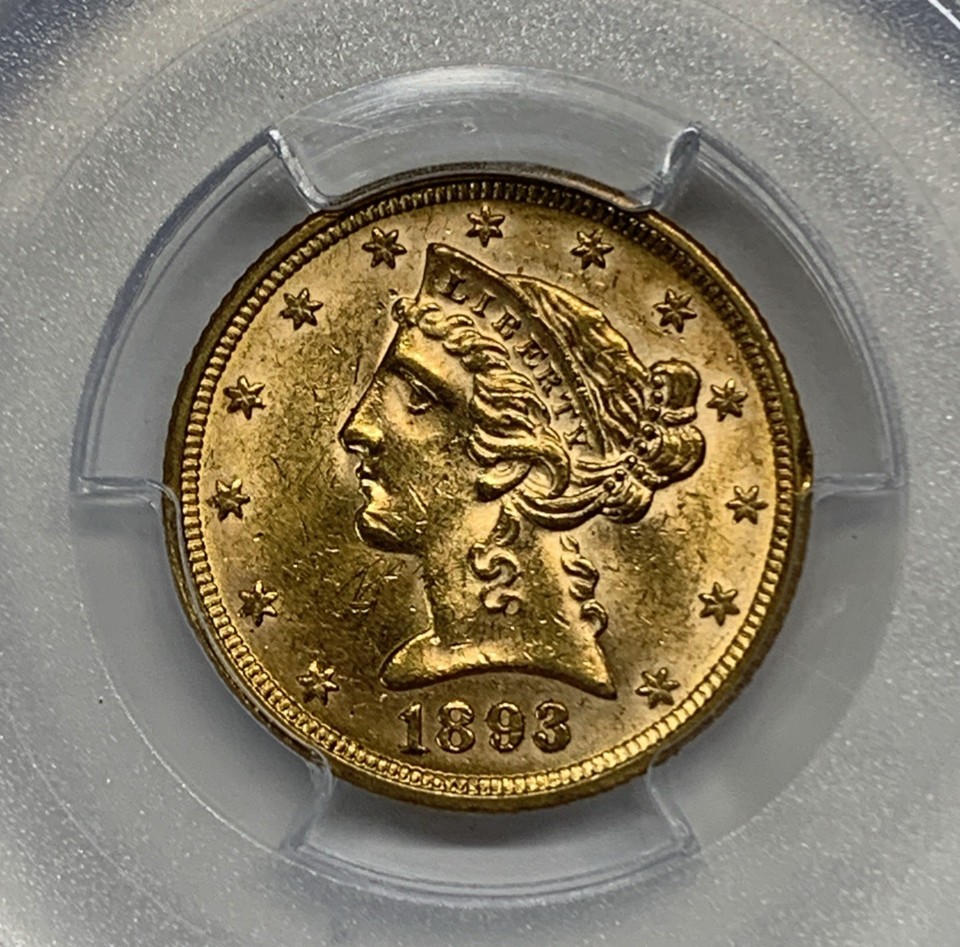 1893 $5 Gold Liberty Head Half Eagle Graded by PCGS as MS-62 Nice US ...